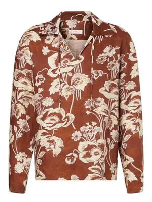 Commas Floral Tie-neck Linen Shirt - Orange