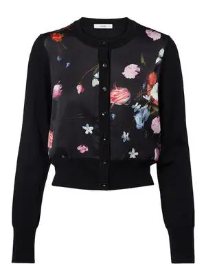 Erdem Floral Printed Cropped Wool Cardigan - Black