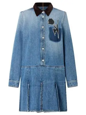 Marni Velvet-trimmed Appliquéd Pleated Denim Mini Dress - Blue