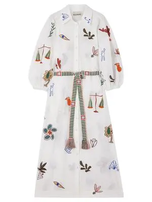 ALEMAIS Lrnce Mina Embroidered Ramie Midi Shirt Dress - Neutrals