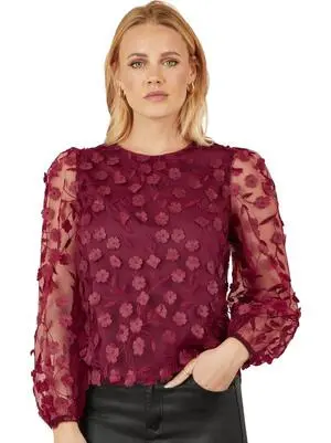 YUMI Long Sleeve Sheer Floral Blouse - Burgundy