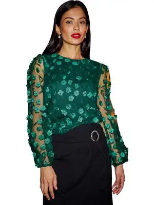 YUMI Long Sleeve Sheer Floral Blouse - Green