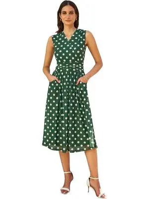 YUMI Polka Dot Mesh Wrap Skater Dress - Green