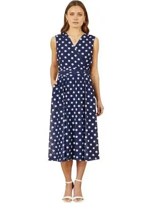 YUMI Polka Dot Mesh Wrap Skater Dress - Navy