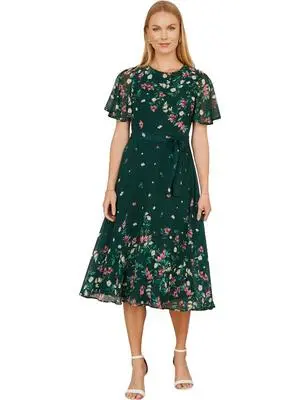 YUMI Daisy Placement Skater Midi Dress - Green