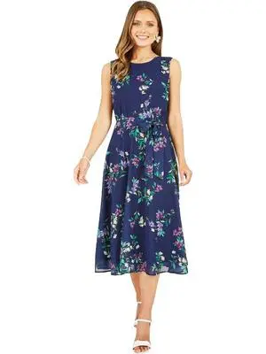 YUMI Sleeveless Tie Waist Printed Midi Dress - Navy