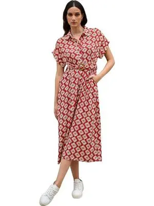 YUMI Belted Midi Shirt Dress - Red