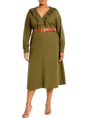 City Chic Belted Midi Dress - Khaki