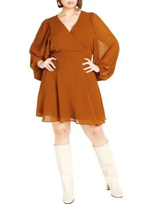 City Chic Dylan Long Sleeve Mini Dress - Toffee