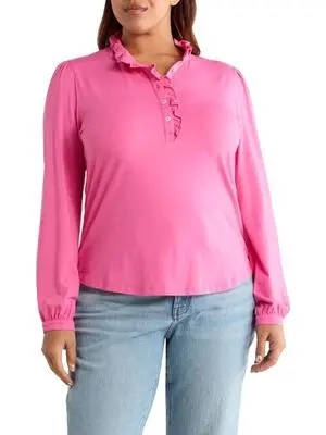 Caslon Ruffle Detail Long Sleeve Henley - Pink Fizz