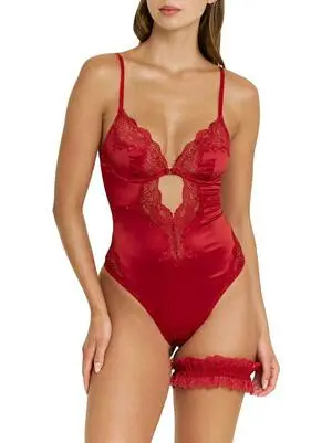 Honeydew Intimates Garden Of Eden Lace Trim Bodysuit And Garter Set - Cherry