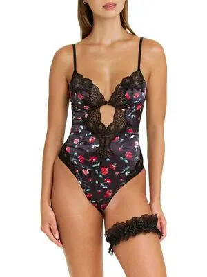 Honeydew Intimates Garden Of Eden Lace Trim Bodysuit And Garter Set - Dark Roses