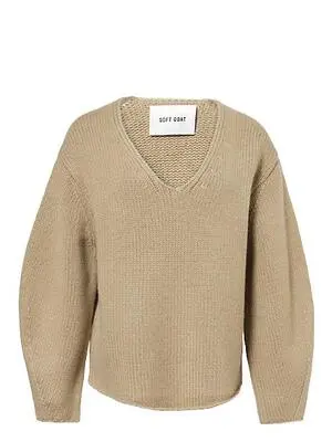 Soft Goat Puffed-sleeves V-neck Cashmere Jumper - Khaki
