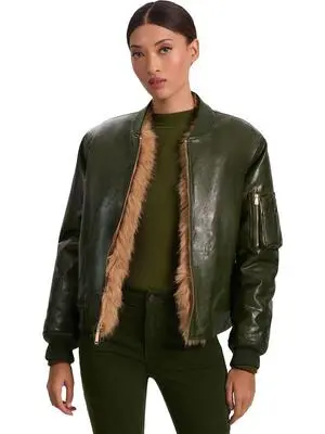 Alice + Olivia Becky Reversible Faux Fur Bomber Jacket - Olive