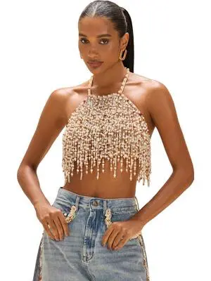 PatBO Pearl Dust Embroidered Halterneck Top - White