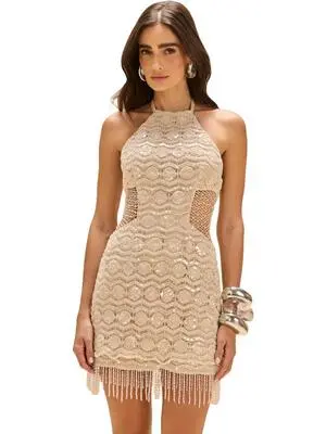 PatBO Crochet Bloom Halterneck Mini Dress - Brown / Neutral