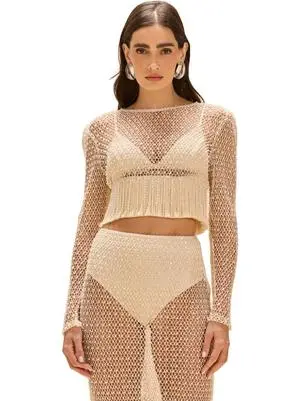 PatBO Crochet Pearl Embellished Top - Brown / Neutral