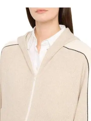 Brunello Cucinelli Cashmere Rib Zip Hoodie With Monili Trim - Cft47 Beig