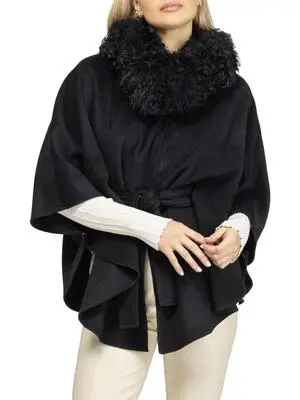 Gorski Wool Belted Cape With Lamb Collar - Black