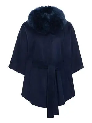 Gorski Wool Belted Cape With Lamb Collar - Navy