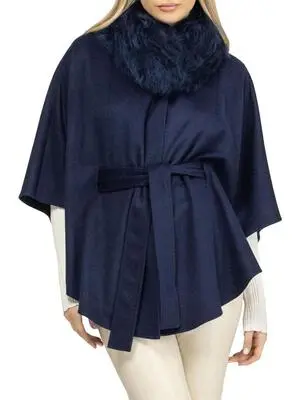 Gorski Wool Belted Cape With Lamb Collar - Navy