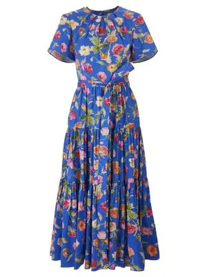 Carolina Herrera Poppy-print Tiered Midi Dress With Sash - Blue