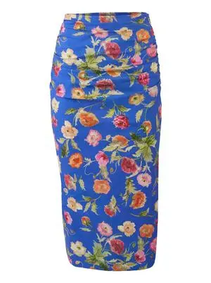 Carolina Herrera Poppy-print Ruched Midi Skirt - Blue