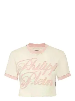 Philipp Plein Logo-embroidered Cotton Top - Neutrals