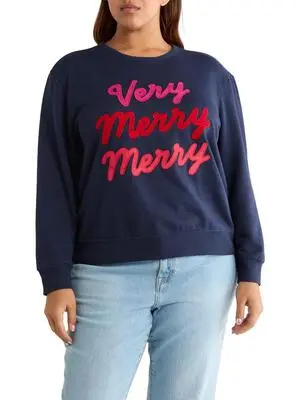 Caslon Festive Sweatshirt With Rib Trim - Navy Still Merry Ember