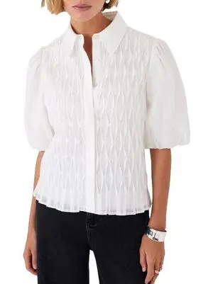 Mint Velvet Textured Puff Sleeve Button-up Blouse - Cream