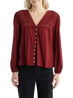 Lucky Brand Lace Yoke Peasant Top - Rum Raisin