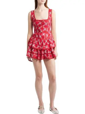 LoveShackFancy Torres Metallic Plaid Mini Dress - Cherry Jubilee