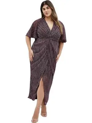City Chic Metallic Flutter Sleeve Maxi Dress - Purple