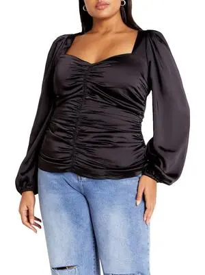 City Chic Sienna Center Ruched Satin Top - Black