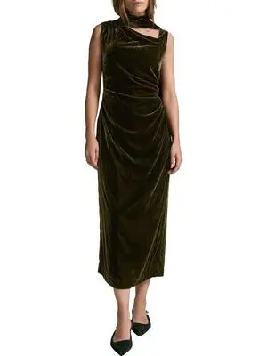 Mint Velvet Velvet Scarf Detail Midi Dress - Khaki