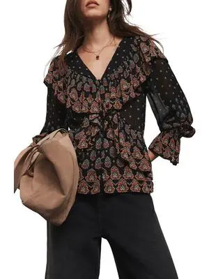 Mint Velvet Printed Ruffle Blouse - Black