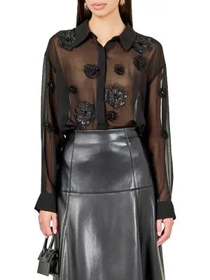 Endless Rose Floral Detail Sheer Shirt - Black