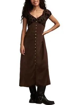 Lucky Brand Simone Velvet Burnout Midi Dress - Chocolate Brown