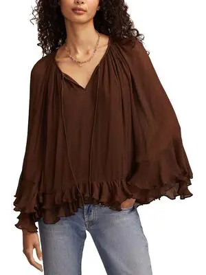 Lucky Brand Ruffle Chiffon Trapeze Top Chocolate Brown