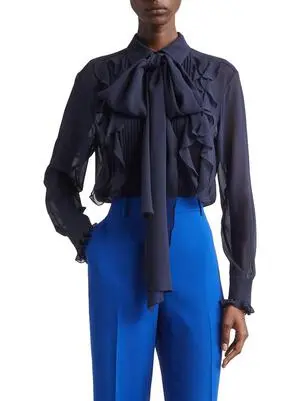Lafayette 148 New York Ruffle Tie Neck Silk Georgette Shirt - Ink