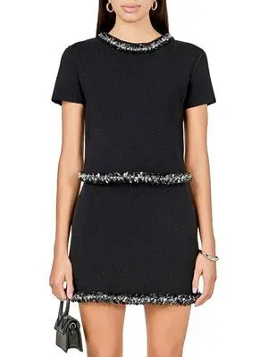 Endless Rose Jewel Trim Short Sleeve Sweater - Black