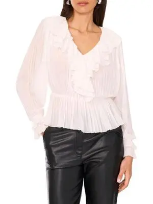 Vince Camuto Plissé Ruffle Peplum Top - Ultra White