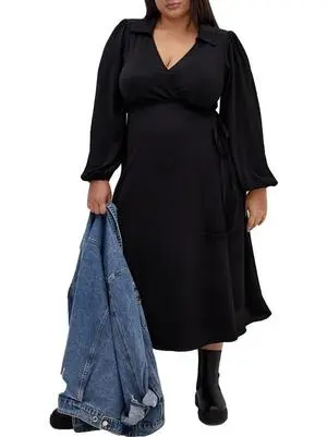 City Chic Arizona Long Sleeve Wrap Midi Dress - Black