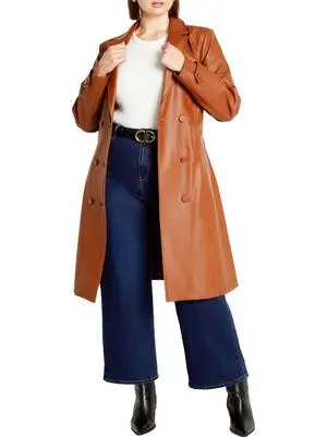City Chic Briella Faux Leather Trench Coat - Toffee