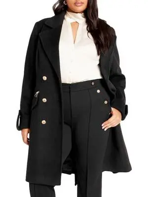 City Chic Belted Double Breasted Coat - Black