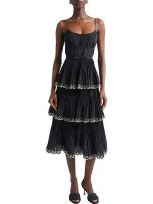 Zimmermann Scalloped Eyelet Trim Tiered Midi Dress - Black