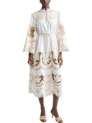 Zimmermann Scalloped Eyelet Trim Belted Linen Midi Dress - Ivory
