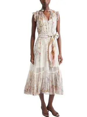 Zimmermann Rebellion Flutter Floral Chiffon Midi Dress - Cream Aviary