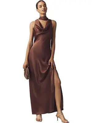 Bhldn Satin Cowled Scarf-neck Maxi Dress - Chocolate