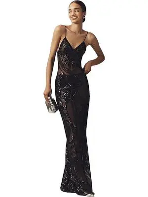 Norma Kamali Obie Sheer Sequin Mesh Maxi Skirt - Black Multi